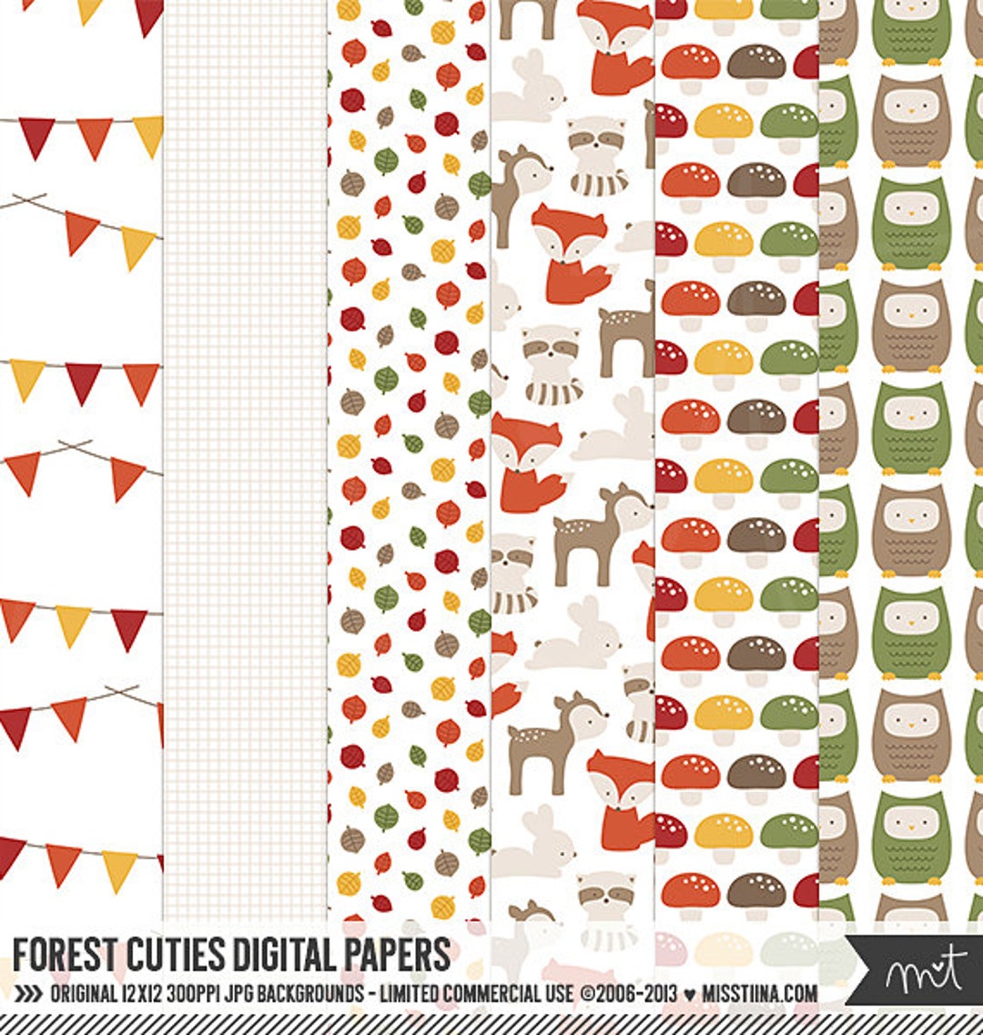 Forest Cuties Digital Papers - 6 Patterns for Scrapbooking, Cards ...