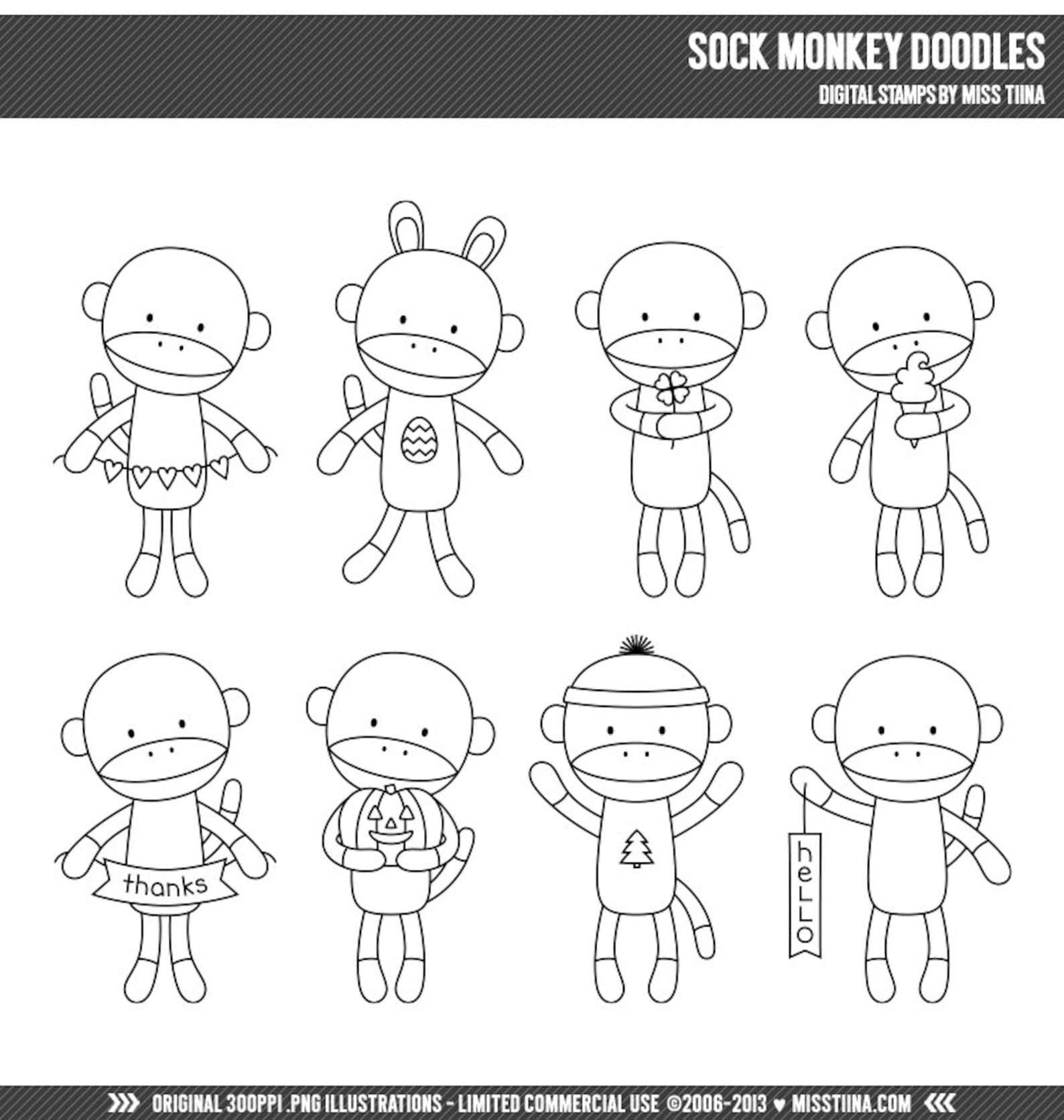 Sock Monkey Doodles Digital Stamps Clipart Clip Art Illustrations ...