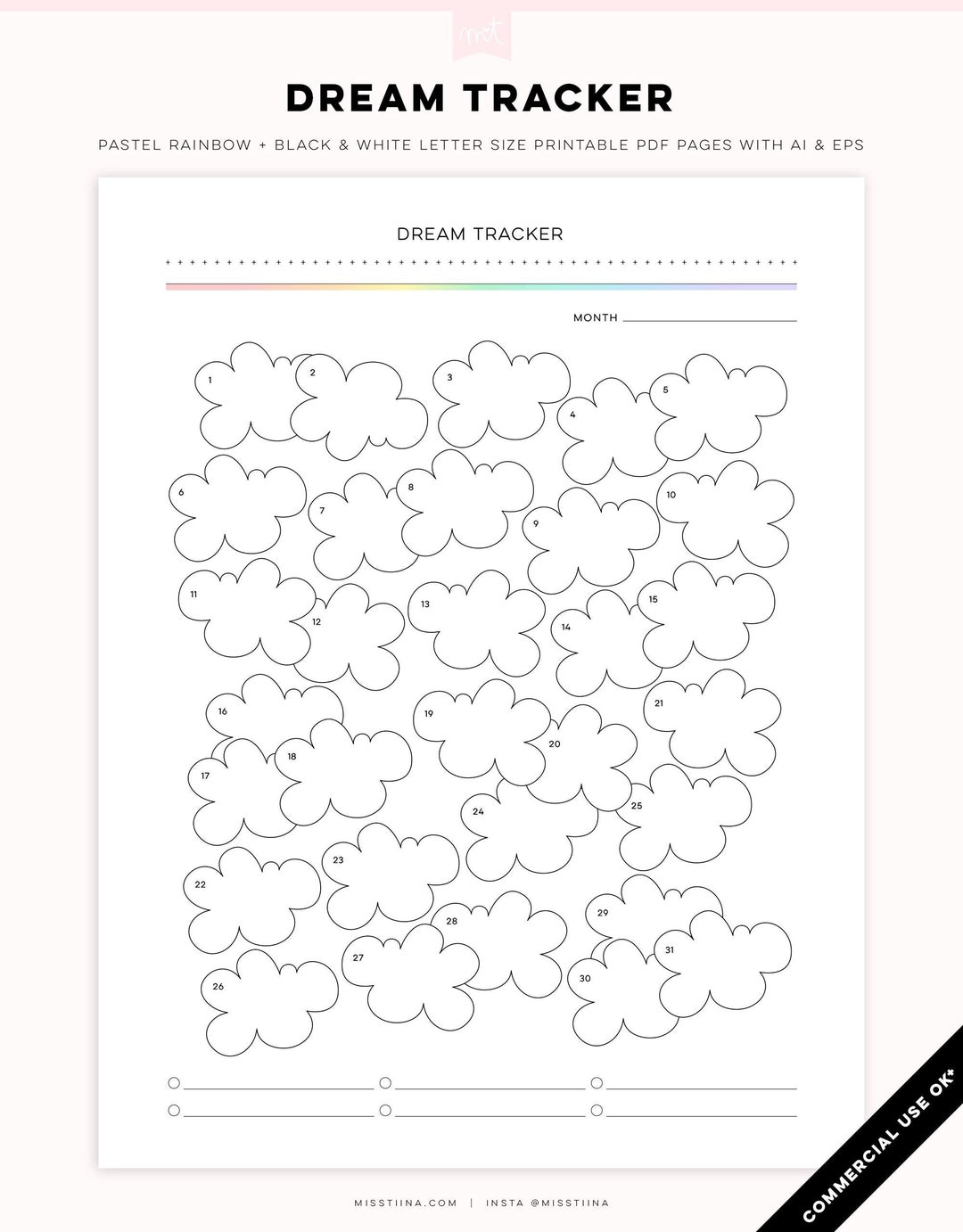 Dream Tracker - Minimal Pastel Rainbow + Black & White Digital PDF ...