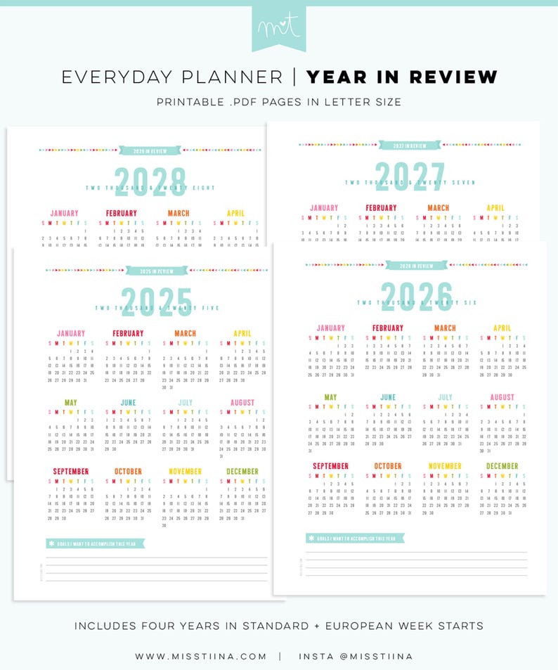 2025-2028 Year in Review Calendars EDITABLE Everyday Planner Pages ...