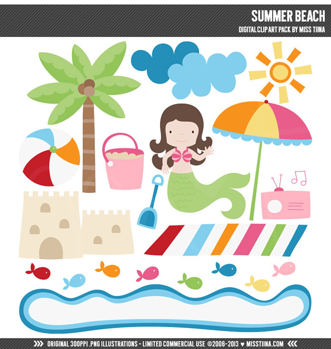 Summer Beach Digital Clipart Clip Art Illustrations - Instant Download ...