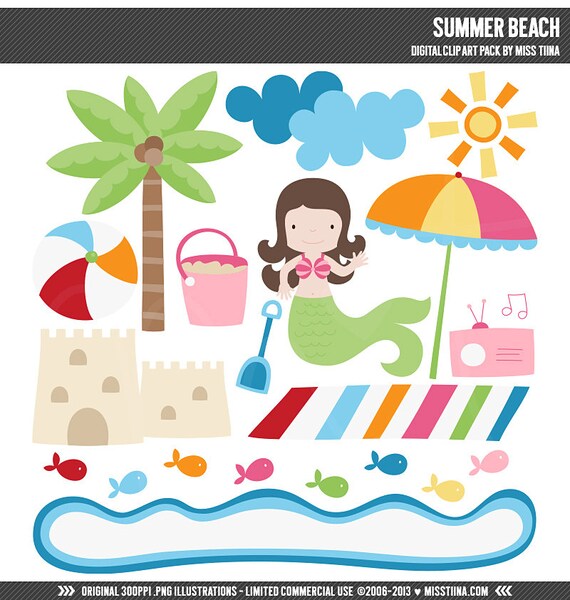 Summer Beach Digital Clipart Clip Art Illustrations Instant | Etsy
