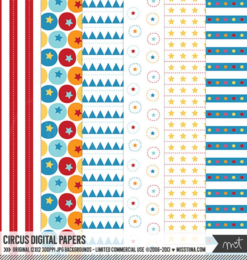 Circus Digital Papers - 6 Patterns for Scrapbooking, Cards, Invitations ...
