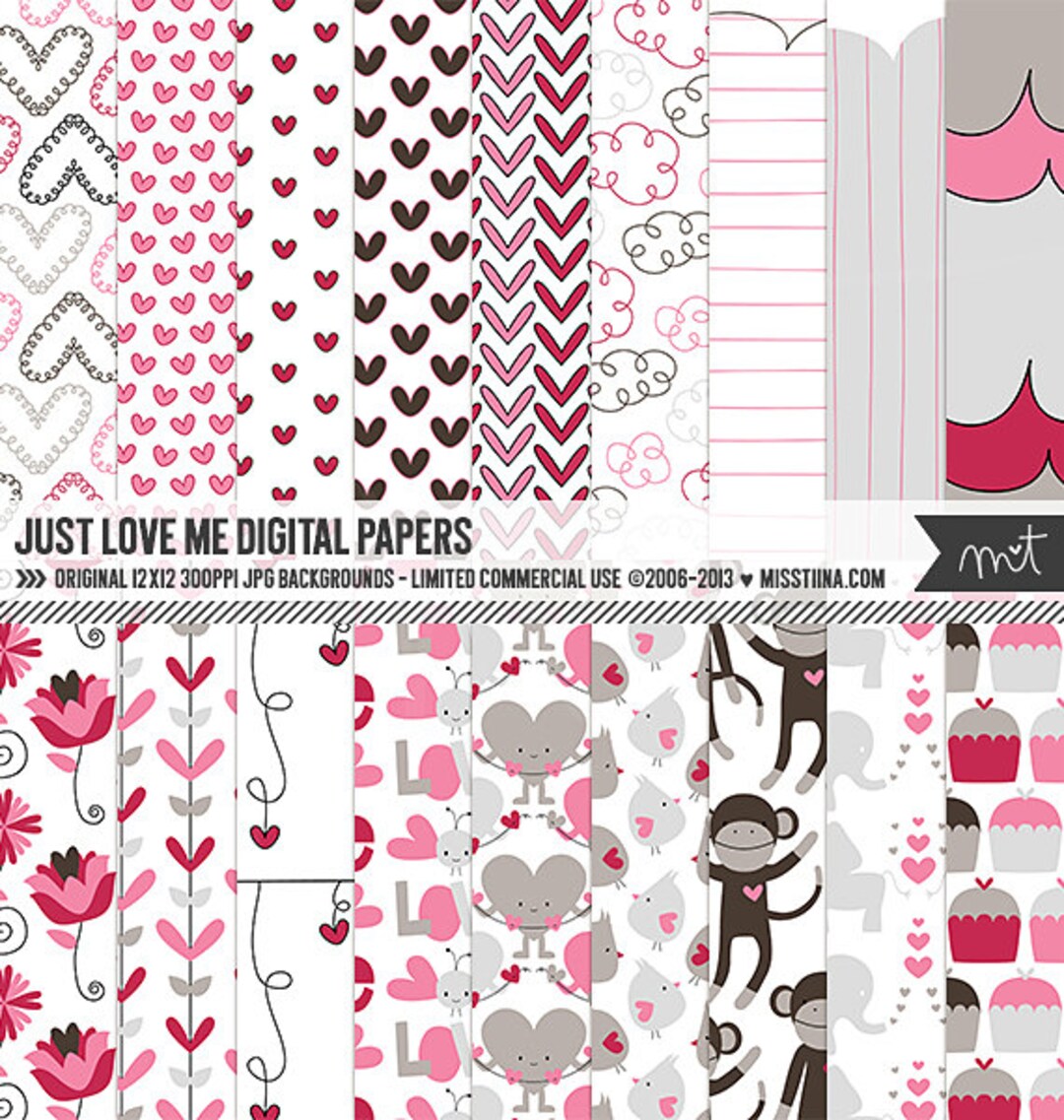 Just Love Me Digital Papers - 18 Patterns for Scrapbooking, Cards ...