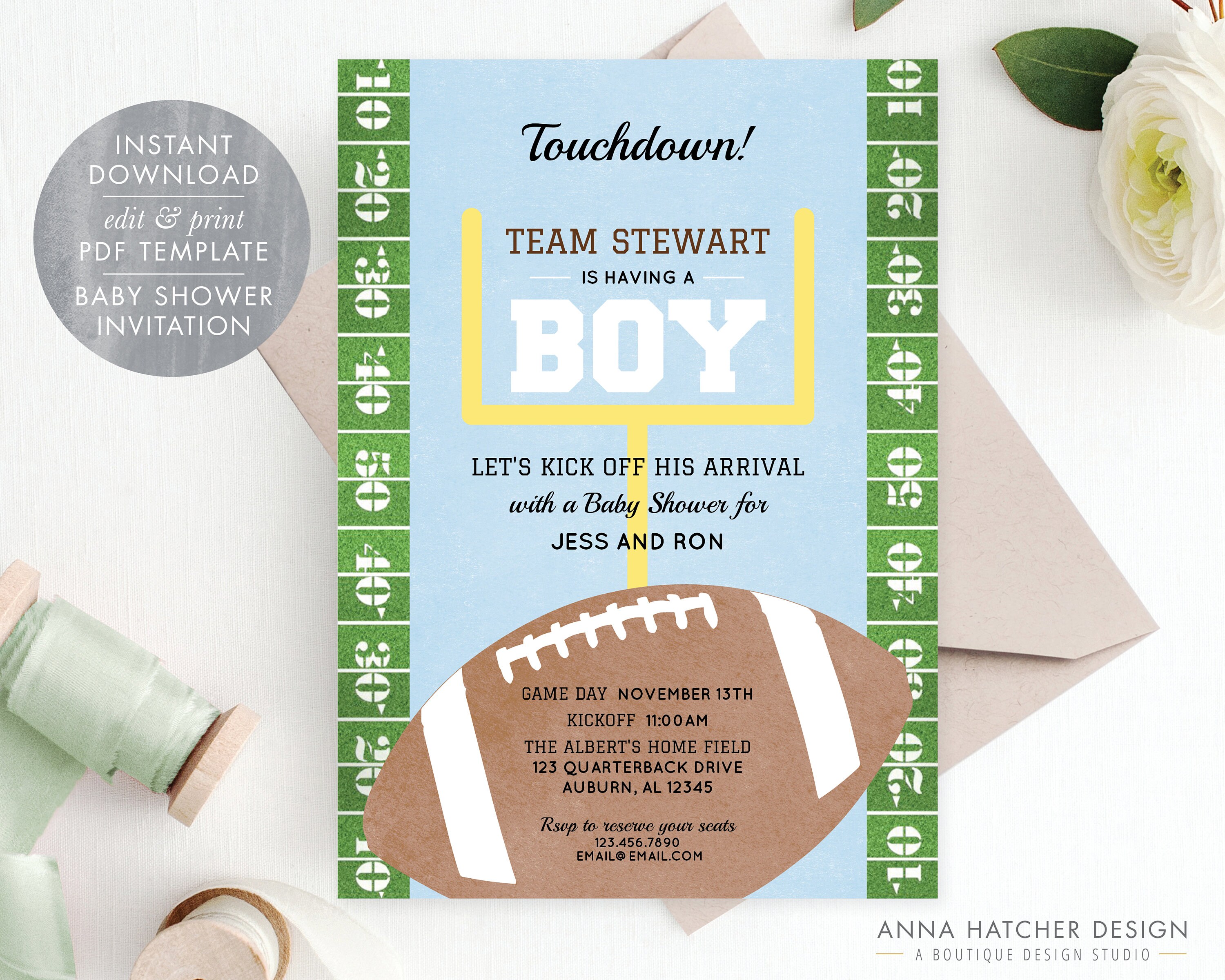 Invitations & Announcements Paper Touchdown Baby shower invite Football ...