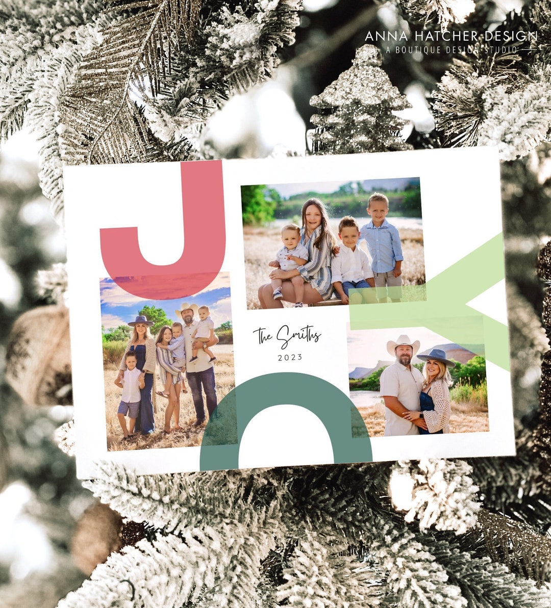 Photo Christmas Card Canva Template, Coloful JOY Editable Holiday Card ...