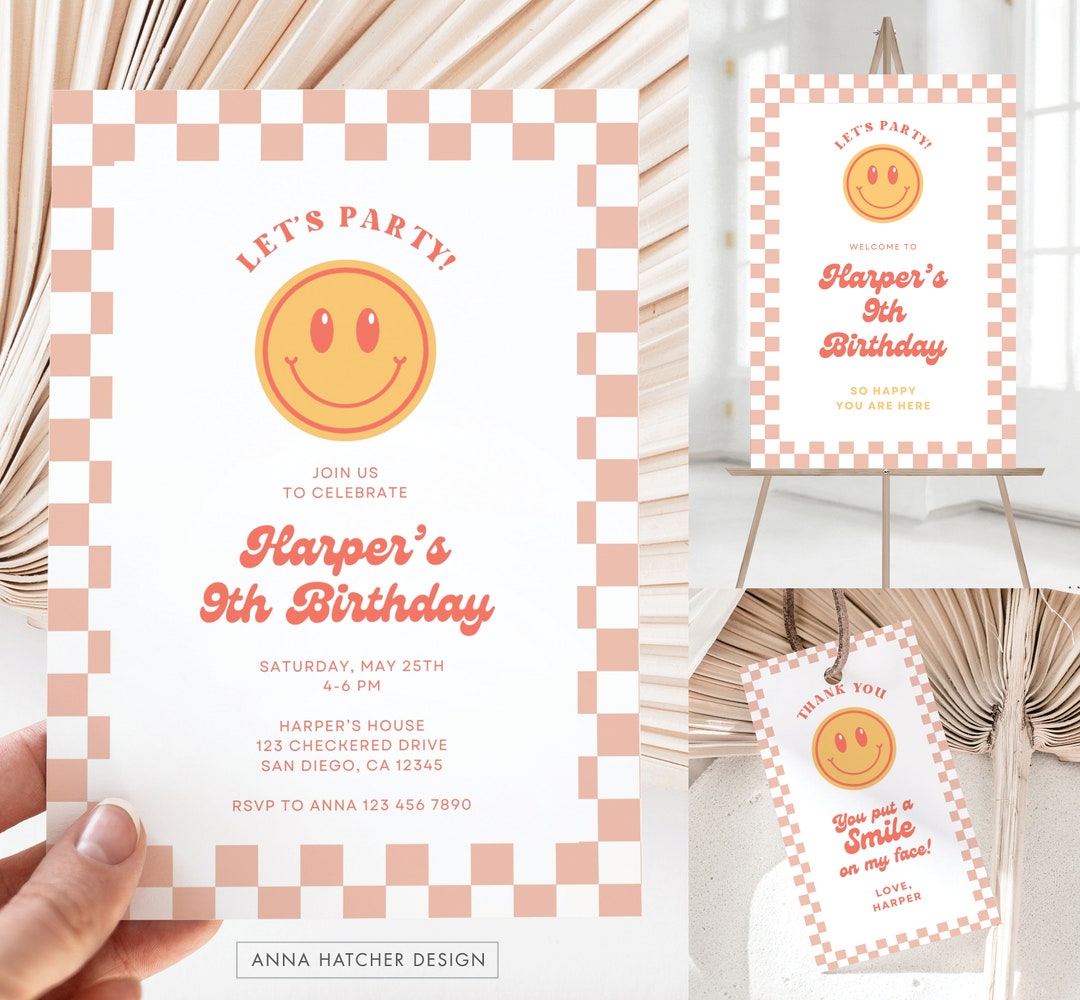 Smiley Face Checkered Birthday Party Pack, Any Color Checker Board ...