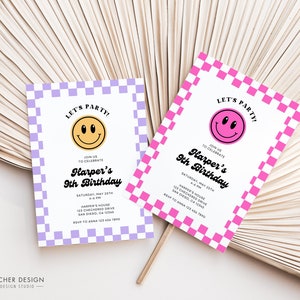 Smiley Face Checkered Birthday Invitation, Girls Birthday Party Invite ...
