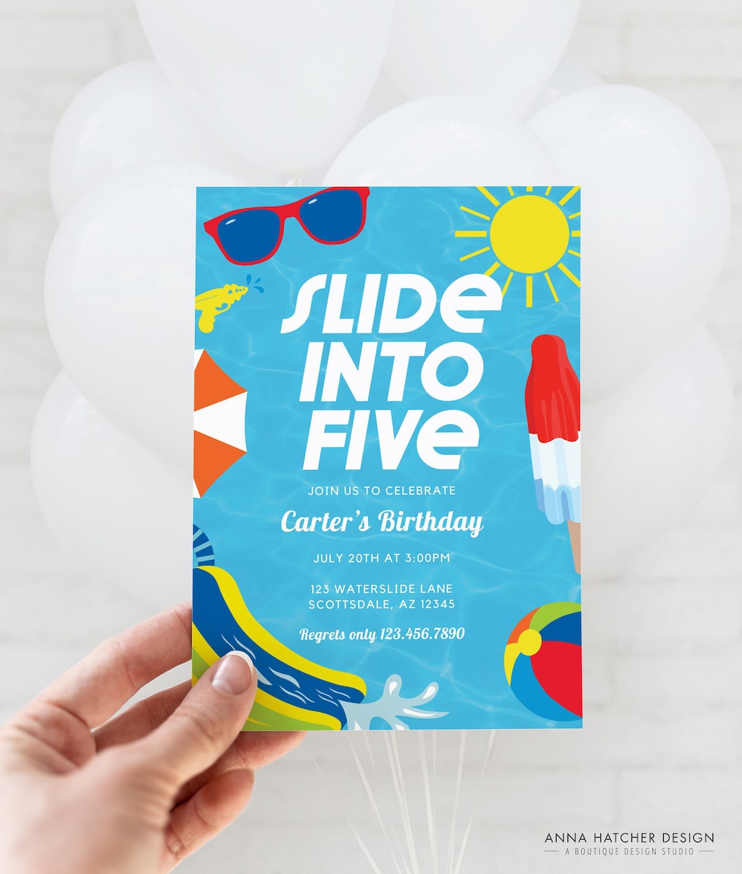 Slide Into Five Birthday Invitation, Inflatable Waterslide 5th Birthday ...