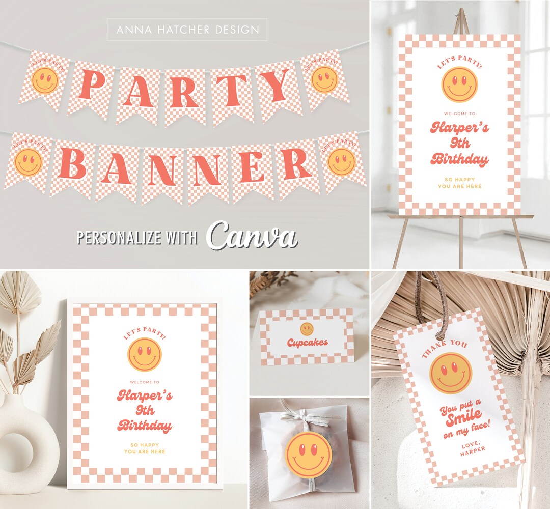 Smiley Face Checkered Birthday Printable's, Editable Canva Templates ...