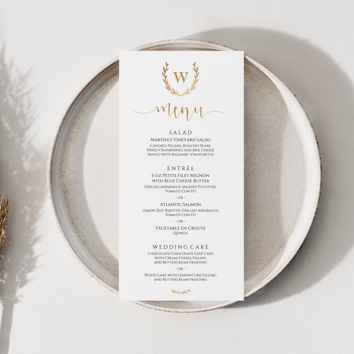 Gold Menu Card Laurel Wreath Monogram 4x9 Faux Gold Menu - Etsy