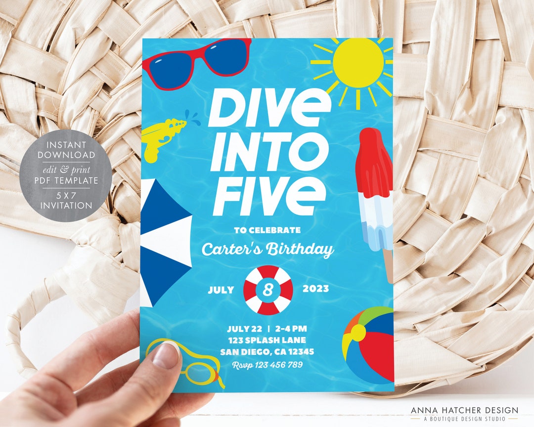 Dive Into Five Birthday Invitation 5th Birthday Pool Party - Etsy