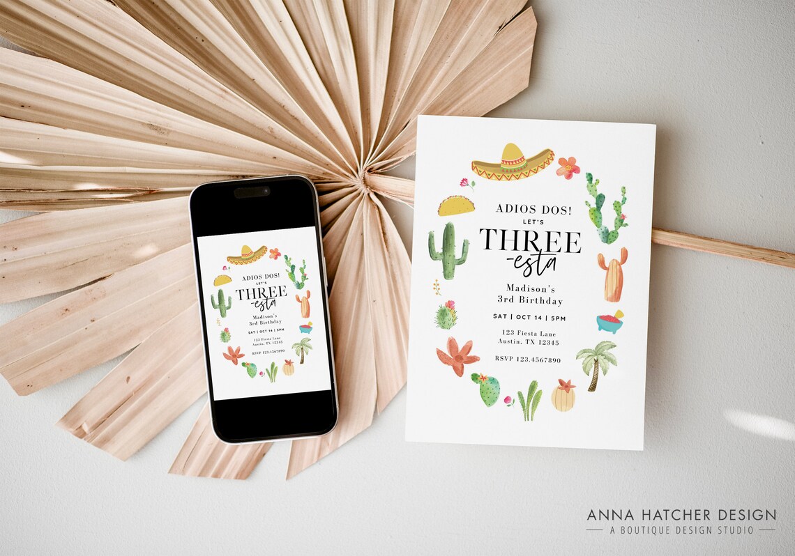 3rd Birthday Fiesta Invitation, Adios Dos Let's Three-esta, Boy or Girl ...