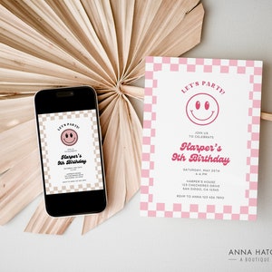 Smiley Face Checkered Birthday Invitation, Girls Birthday Party Invite ...