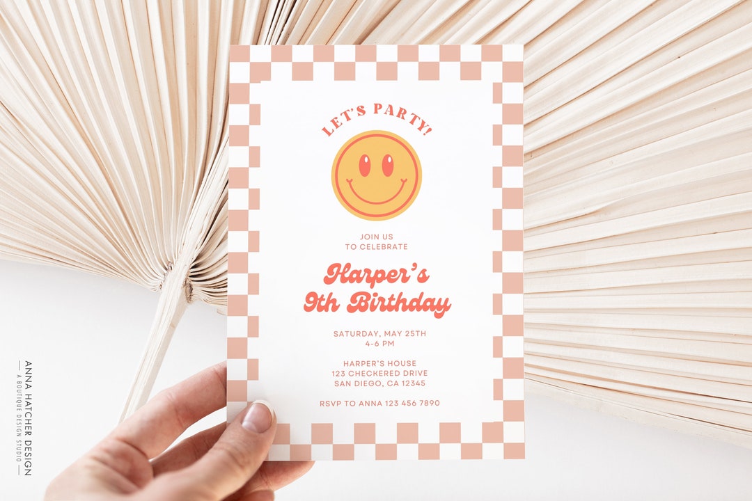 Smiley Face Checkered Birthday Invitation, Girls Birthday Party Invite ...