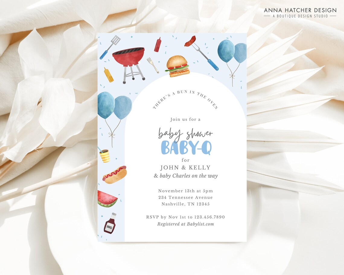 Babyq Invitation, Boy Baby Shower BBQ Invite, Bun in the Oven Burgers ...