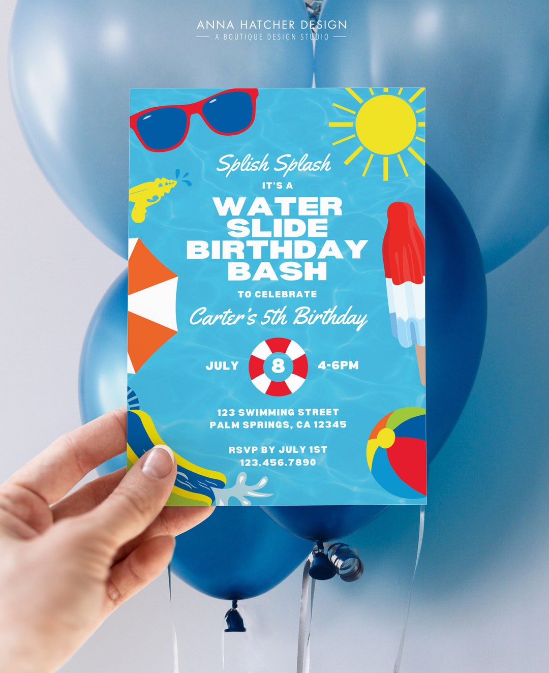Waterslide Birthday Invitation, All Text Editable Birthday Bash Invite ...