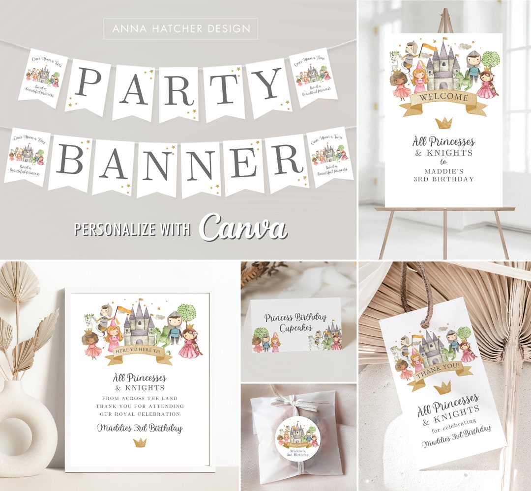 Princess and Knight Birthday Party Editable Canva Templates, Printable ...