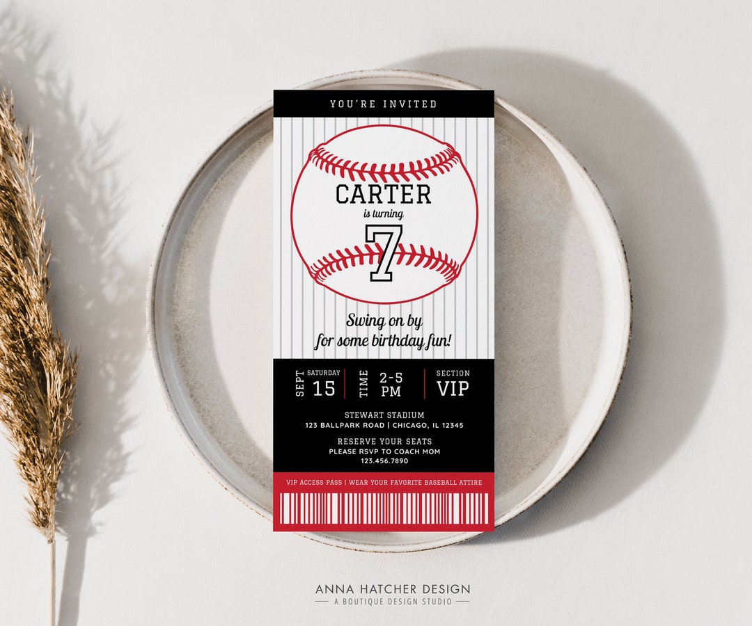 Baseball Birthday Invitation, Customizable Baseball Ticket Invite, Red ...