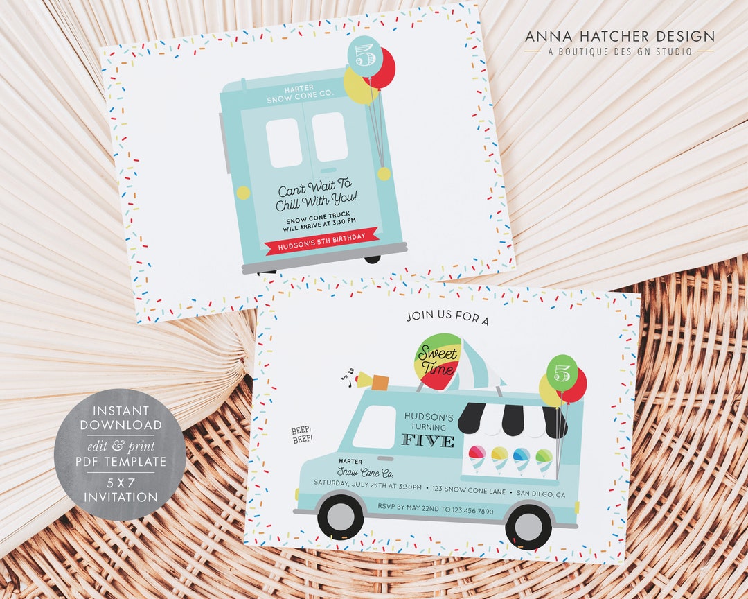 Snow Cone Birthday Party Invitation, Snow Cone Truck, 2 Kids ...