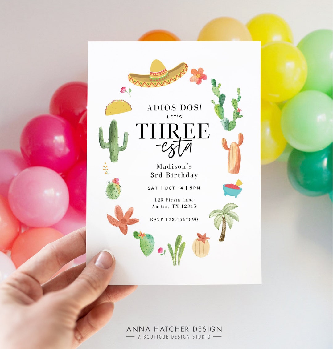 3rd Birthday Fiesta Invitation, Adios Dos Let's Three-esta, Boy or Girl ...