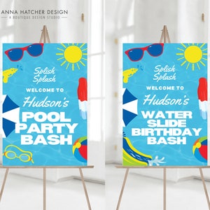 Pool Birthday Editable Canva Templates for Swim Water Slide Party ...