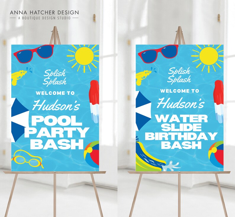 Pool Birthday Editable Canva Templates for Swim Water Slide Party ...