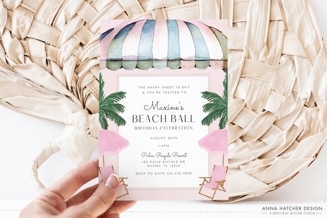 Beach Ball Birthday Celebration, Palm Royale Themed Invitation, Retro ...