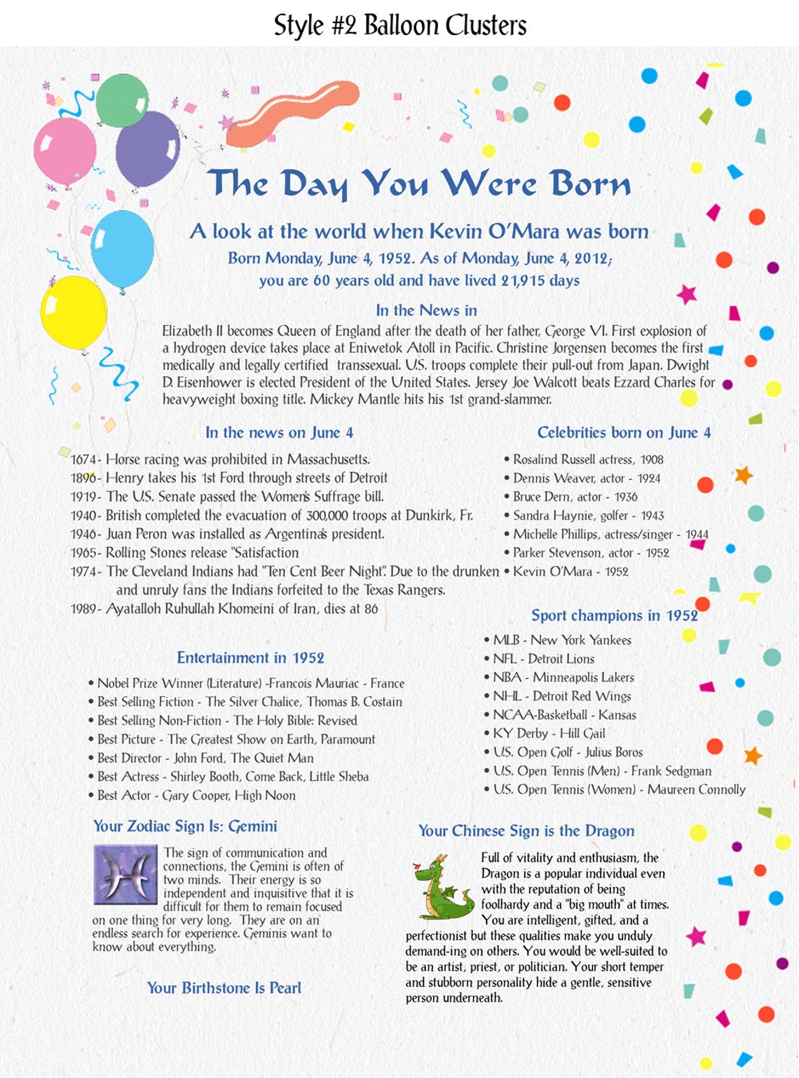 DIGITAL FILE ONLY: Day You Were Born Balloons Printable, Personalized ...