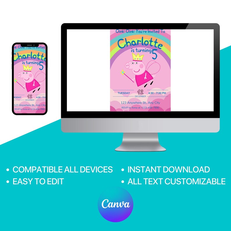 Editable Peppa Pig Birthday Invitation, Pig Girl Digital Birthday ...