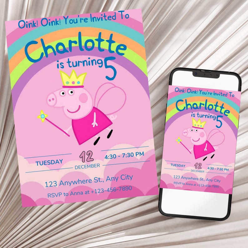 Editable Peppa Pig Birthday Invitation, Pig Girl Digital Birthday ...