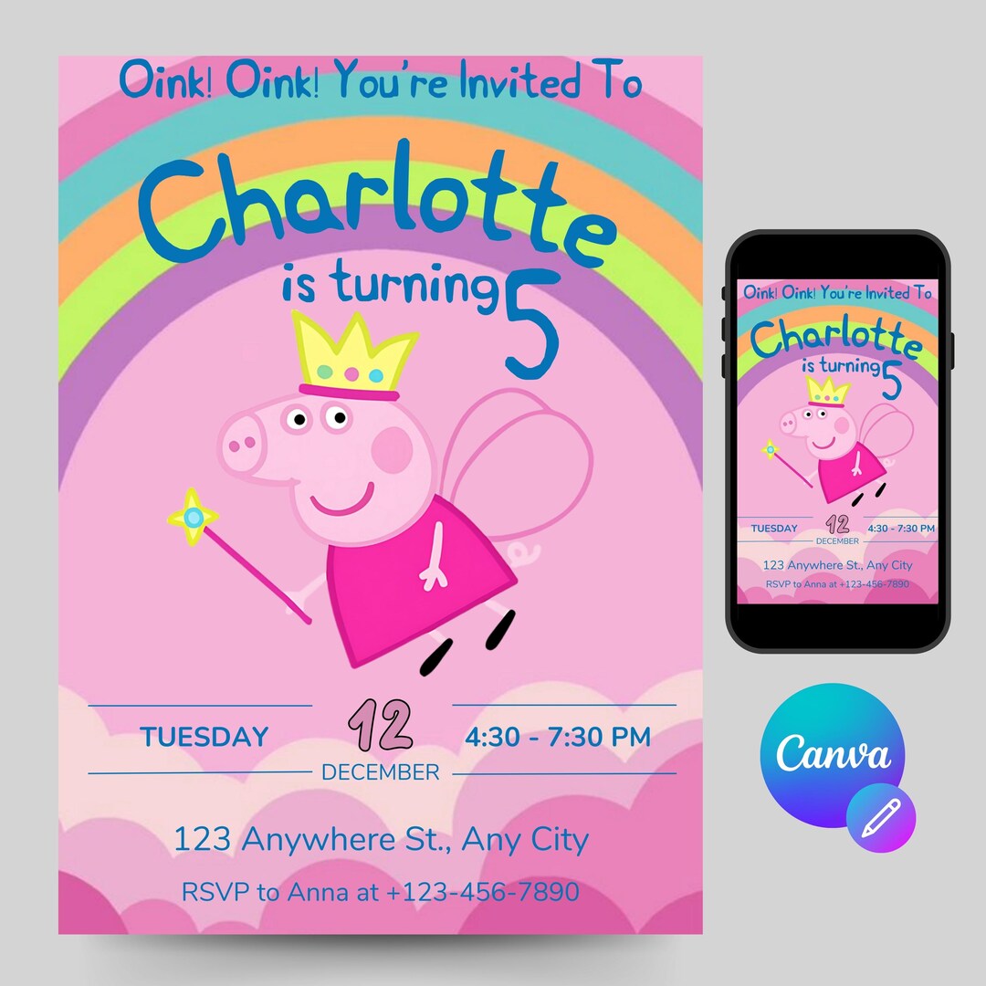 Editable Peppa Pig Birthday Invitation, Pig Girl Digital Birthday ...
