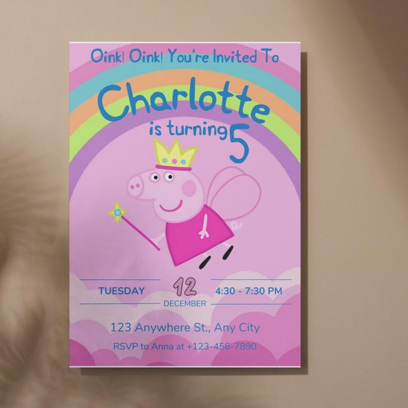 Editable Peppa Pig Birthday Invitation, Pig Girl Digital Birthday ...