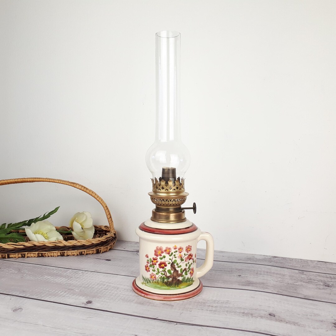 Vintage Handmade Brass & Porcelain Hand Painted Oil Lamp, Flower Decor ...