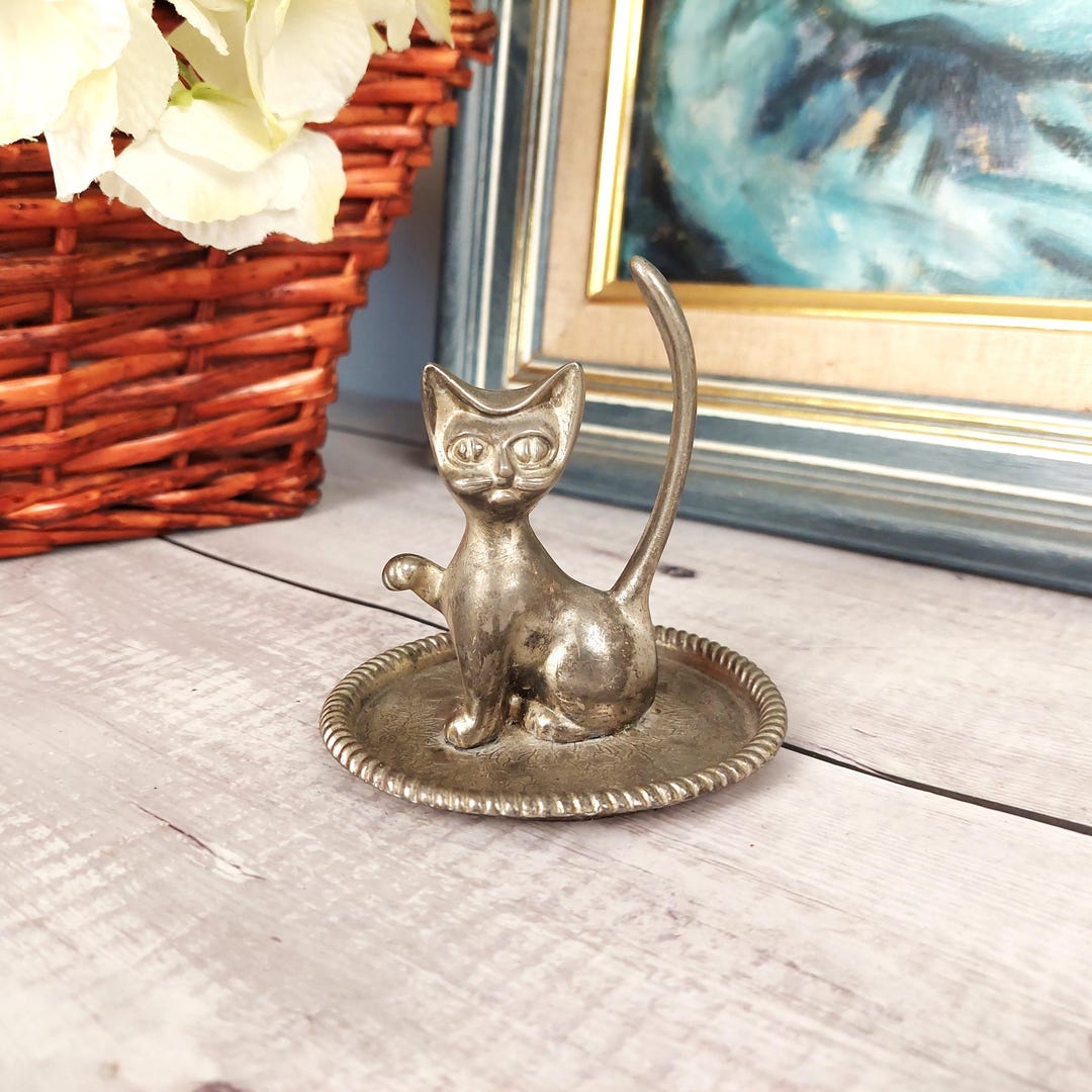 Vintage Silver Metal Cat Figurine, Zoomorphic Design Ring Holder, Cat ...