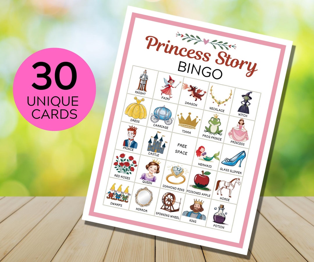 30 Bingo Cards, Princess Bingo, Printable Party Game, Princess Birthday ...