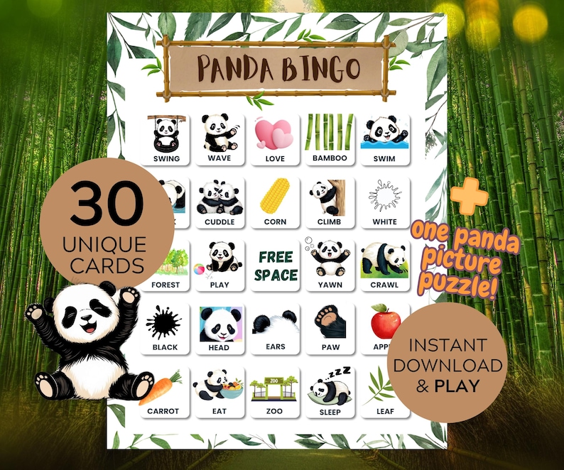Panda Bingo Game: 30 Unique Cards, Animal Puzzle (PDF Download) - Etsy