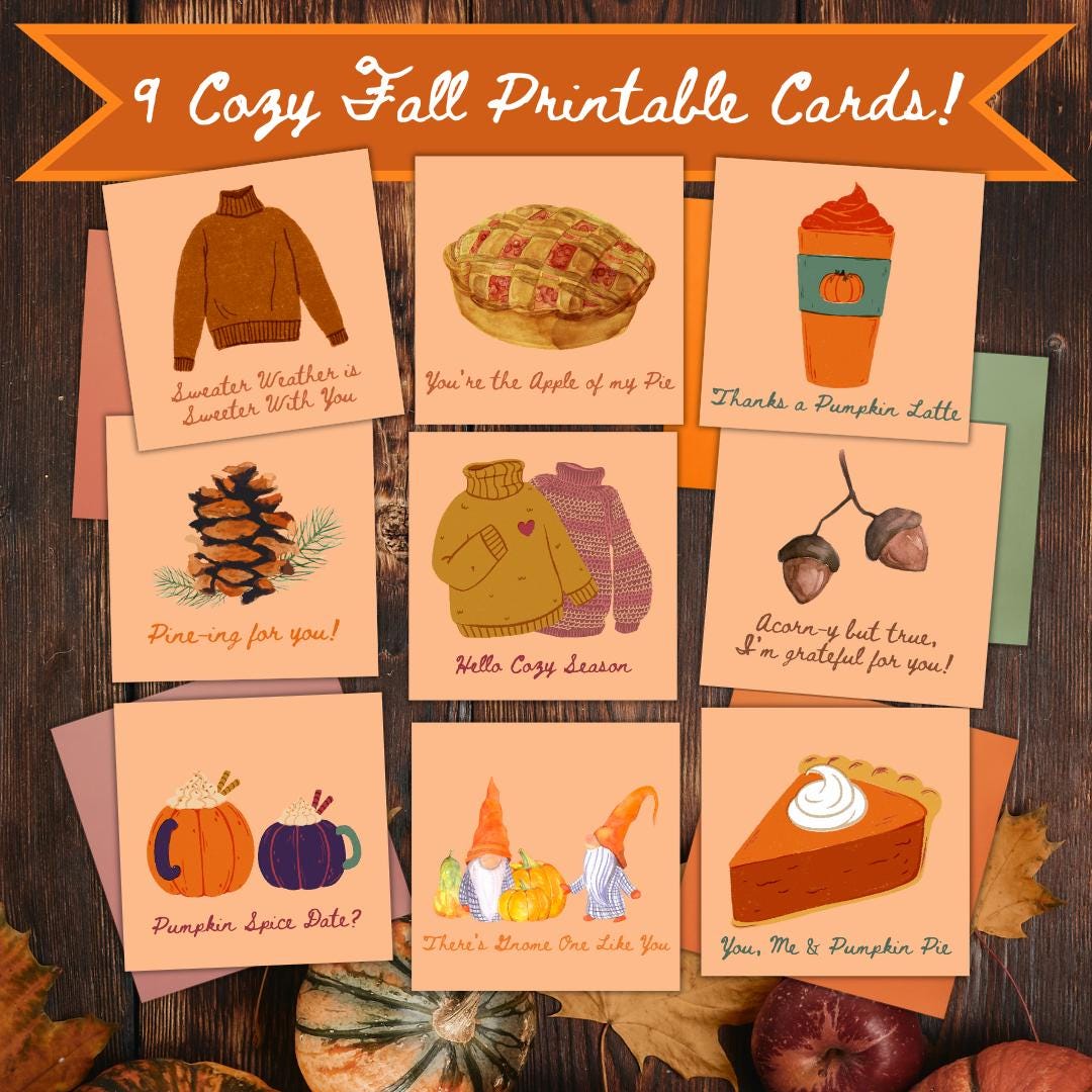 Printable Fall Greeting Card Set Cozy Autumn Stationery Thanksgiving ...