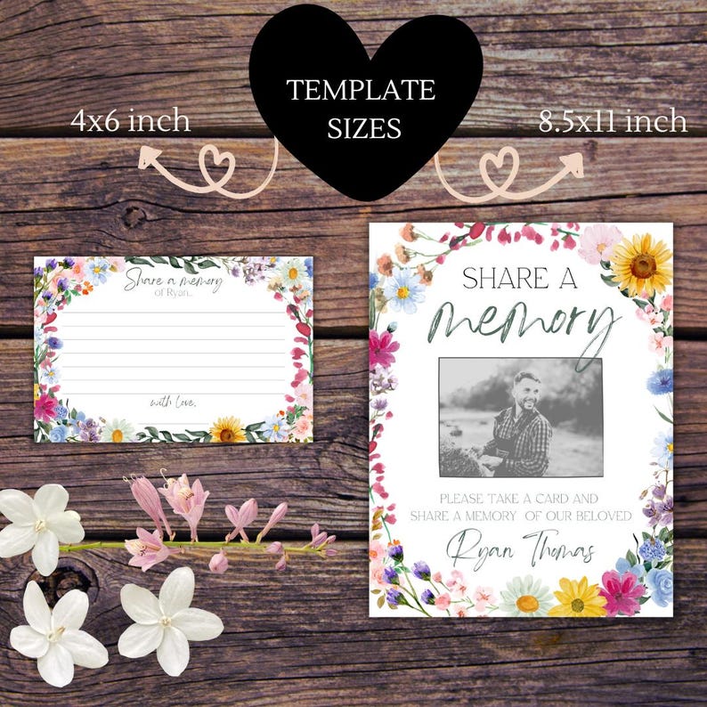 Floral Share A Memory Card Template Wildflower Funeral Memory Table ...