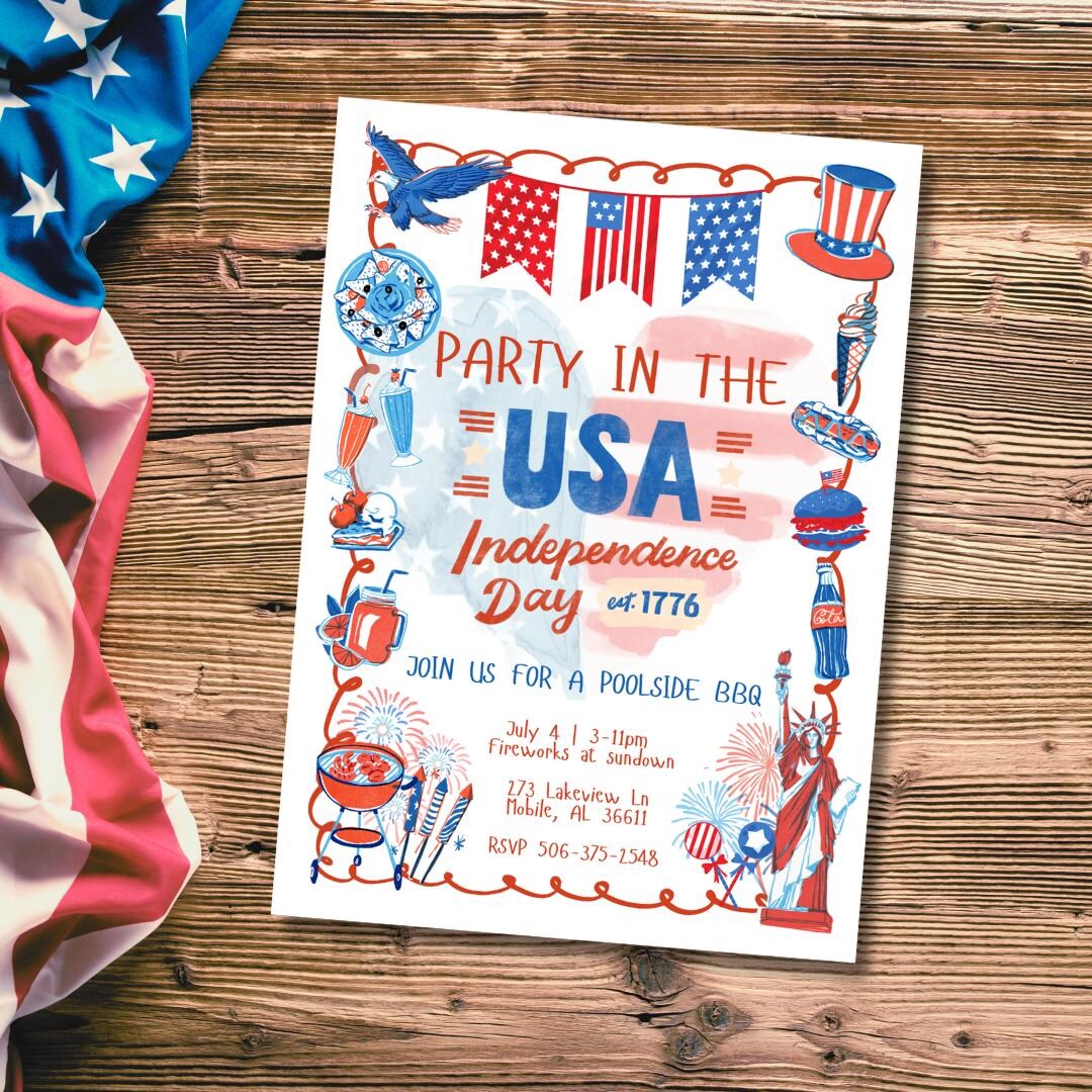 4th of July BBQ Invitation Party in the USA Independence Day Pool Party ...