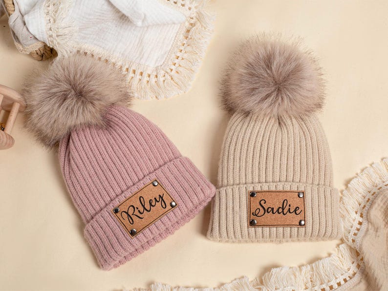 Engraved Leather Patch Pom Beanie: Personalized Knit Winter Hat - Etsy