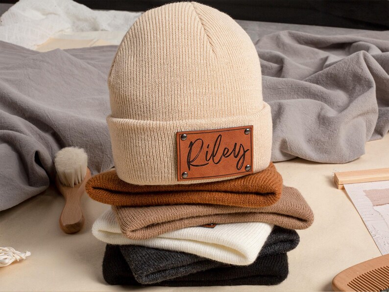 Personalized Baby Beanie, Custom Name Leather Patch Hat, Newborn Gifts ...