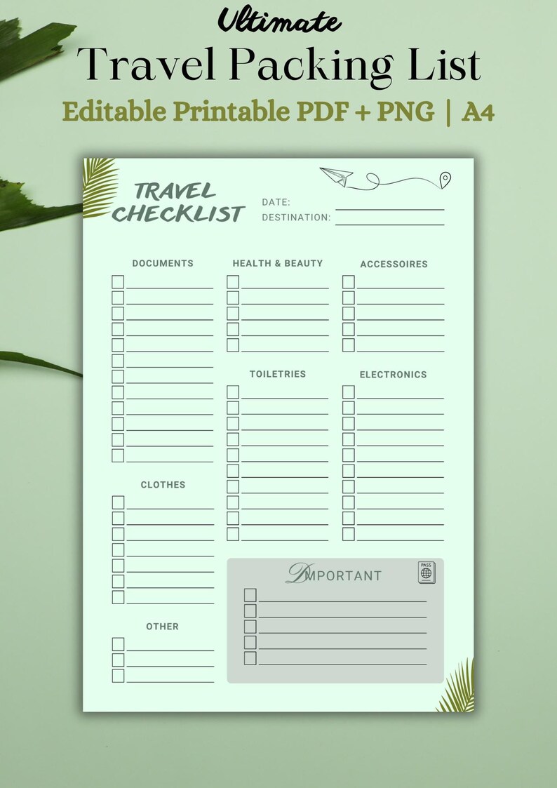Travel Checklist & Packing List Printable Organize Documents ...