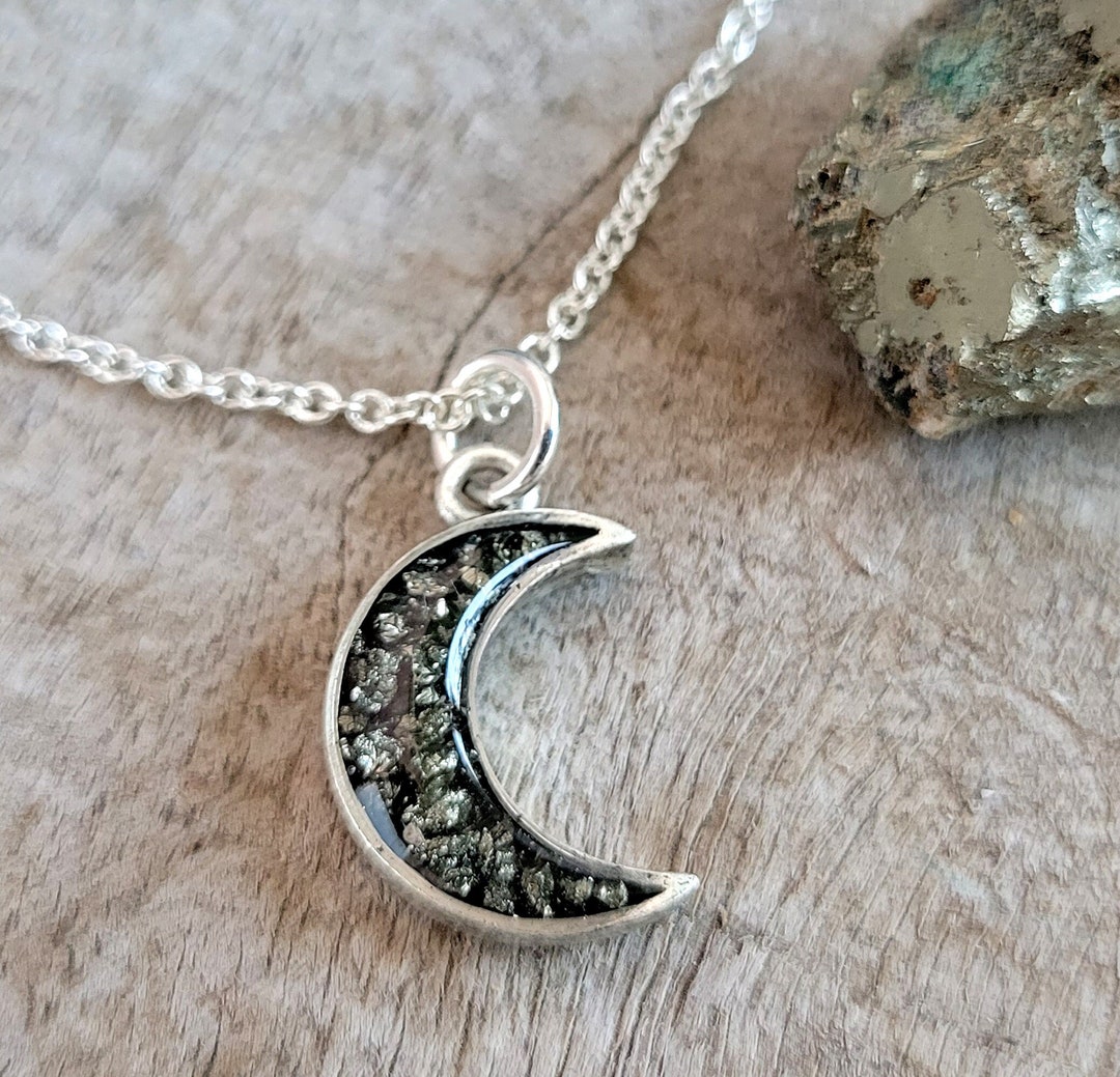 Crushed Pyrite Moon Necklace - Crushed Stone Small Silver and Pyrite ...