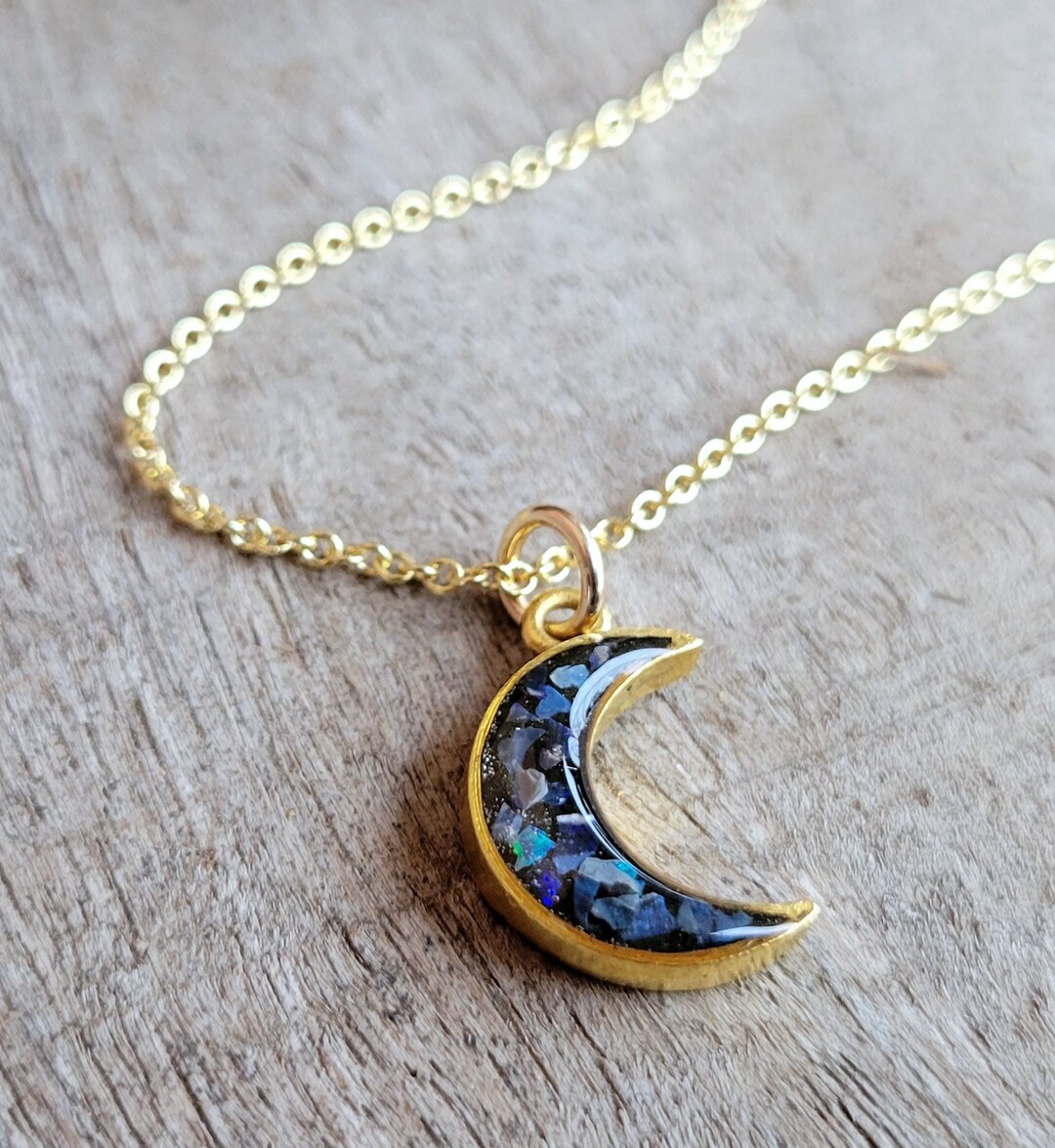 Crushed Black Australian Opal Moon Necklace Crushed Stone Small Gold ...