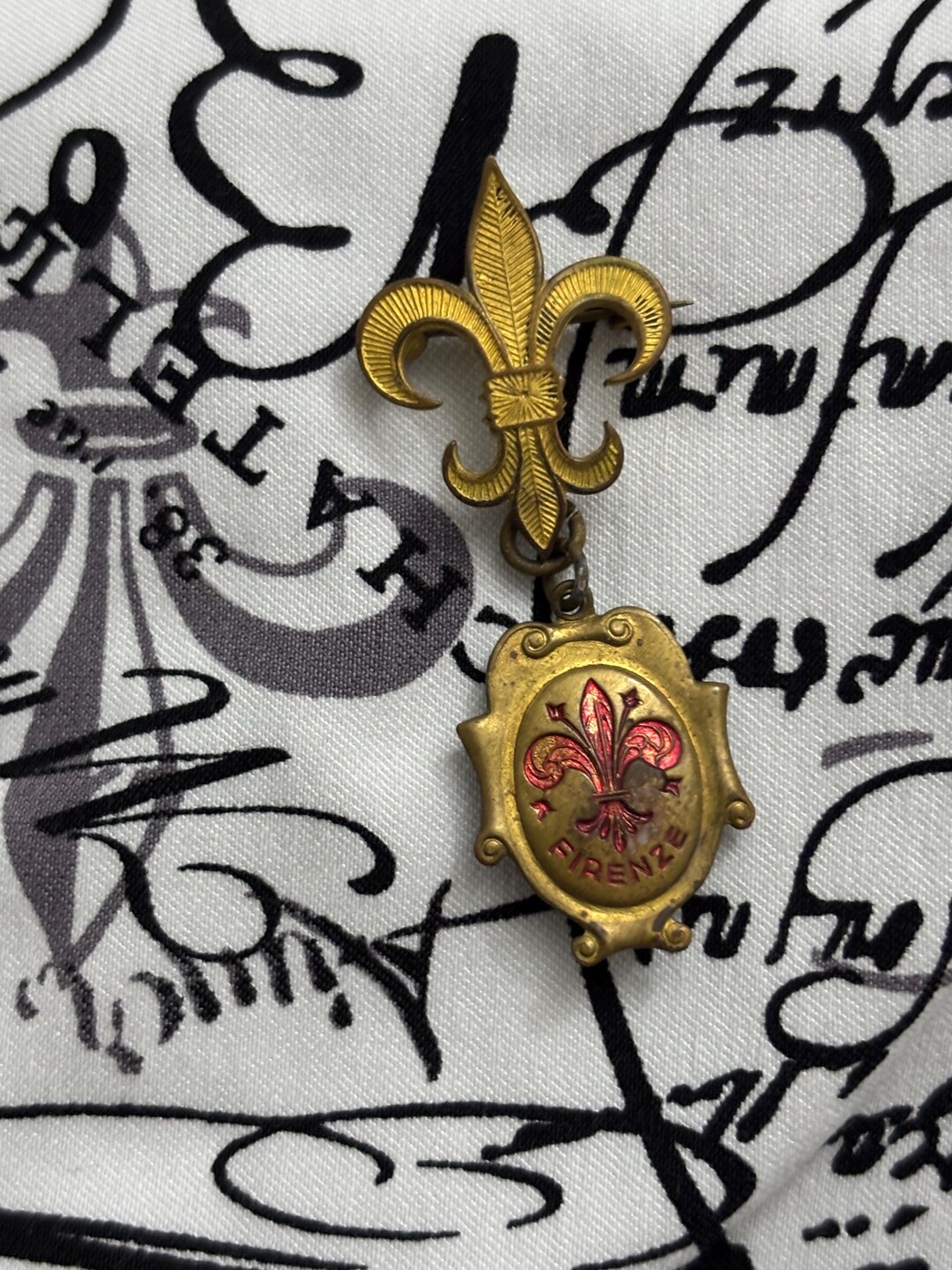 Antique Victorian Fleu Di Lis Florence Crest Brooch, Goldplated Brass ...