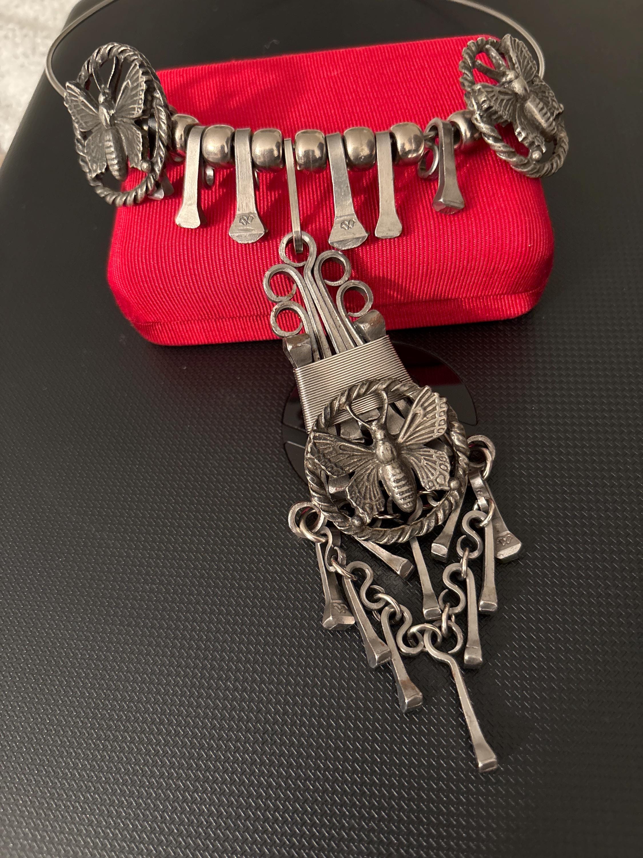 MCM Brutalist Sculpted Horseshoe Nail Necklace, Upcycled Gothic Moths ...
