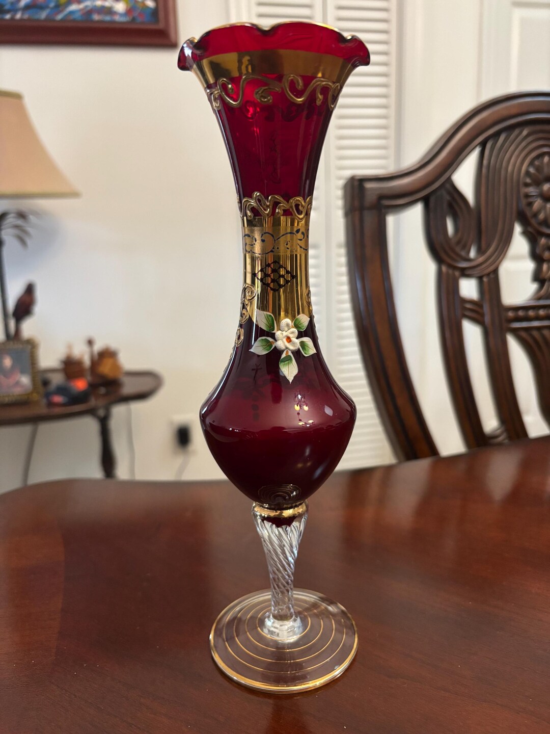 Antique Ruby Red & Gold Bohemian Czech Gold Gilt Bud Vase, 10”x4 ...