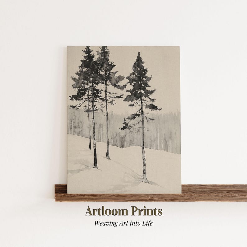 Neutral Winter Pine Tree Sketch Wall Art, Minimalist Wall Decor ...