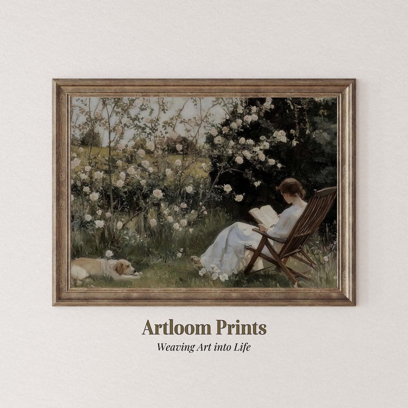 Rose Garden Painting: Vintage Woman Reading Print (digital Download) - Etsy